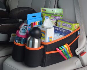 mighty clean car storage organizer - use in the trunk, or front or back seat with 8 side pockets + 1 zippered pouch + 2 mesh pouches + 2 cup holders for toys, books, drinks, tissues, diapers & more