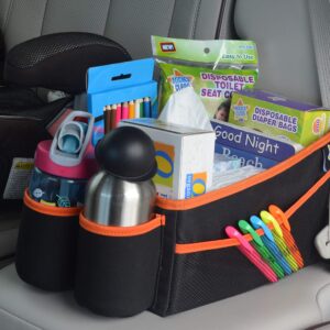 Mighty Clean Car Storage Organizer - Use in The Trunk, or Front or Back Seat with 8 Side Pockets + 1 Zippered Pouch + 2 mesh Pouches + 2 Cup Holders for Toys, Books, Drinks, Tissues, Diapers & More