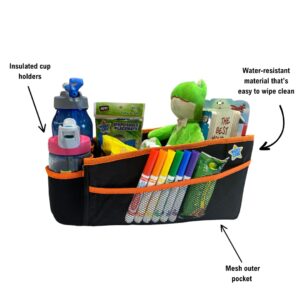 Mighty Clean Car Storage Organizer - Use in The Trunk, or Front or Back Seat with 8 Side Pockets + 1 Zippered Pouch + 2 mesh Pouches + 2 Cup Holders for Toys, Books, Drinks, Tissues, Diapers & More