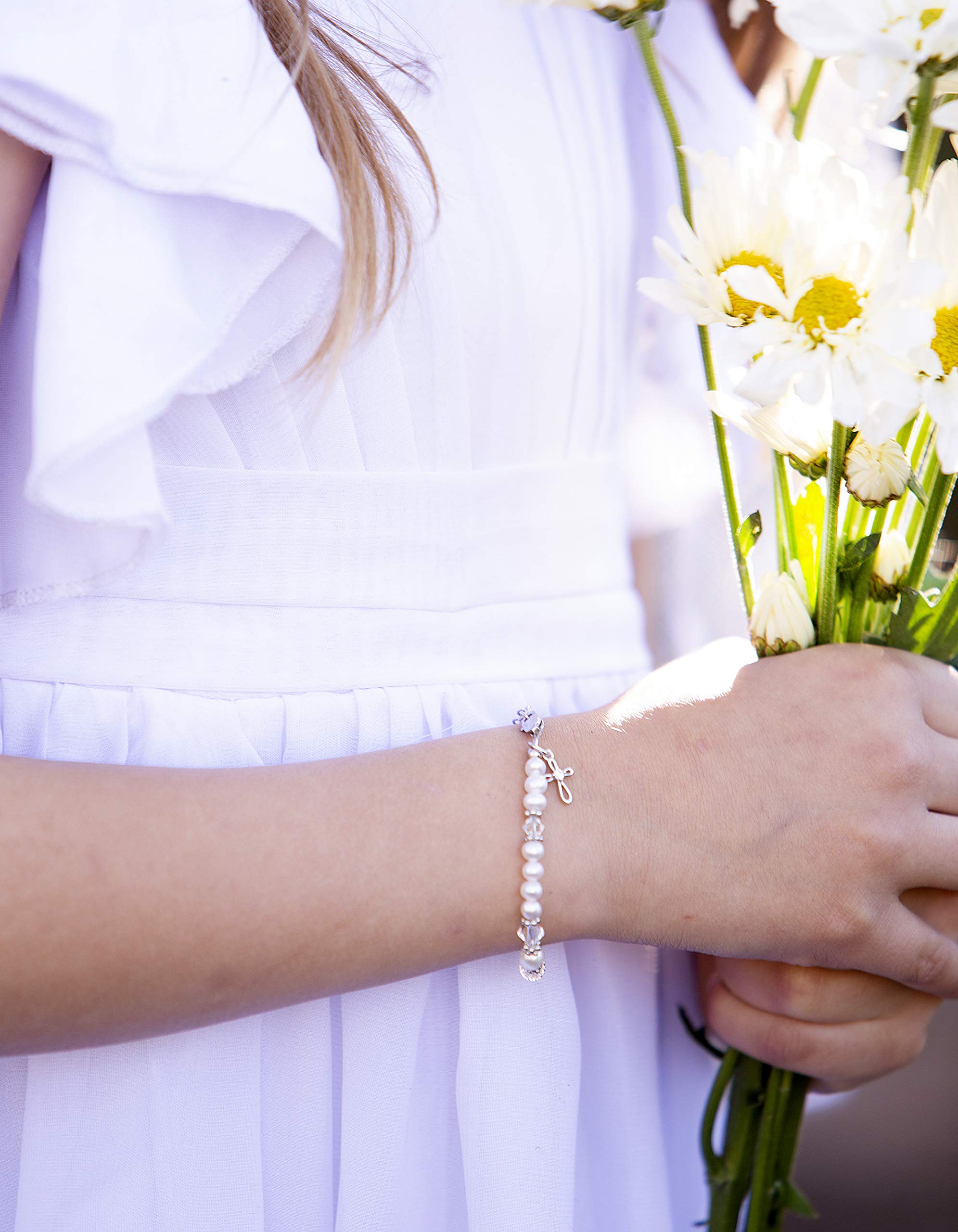 Cherished Moments Baptism to Bride Cross Bracelet Gift for Girls in Sterling Silver and Cultured Pearl