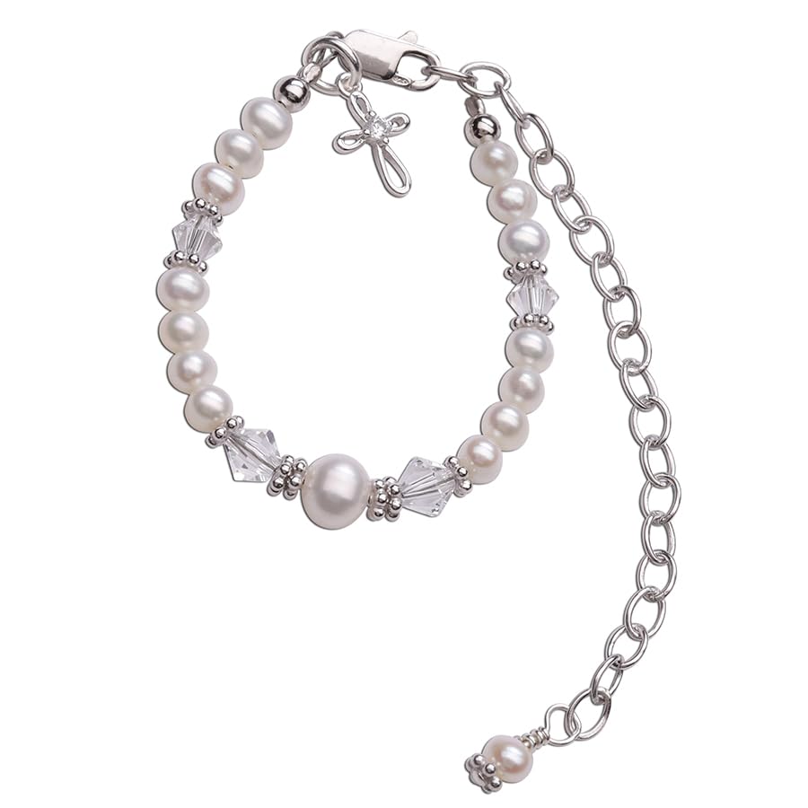 Cherished Moments Baptism to Bride Cross Bracelet Gift for Girls in Sterling Silver and Cultured Pearl