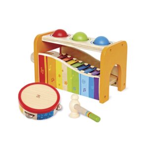 hape pound, tap, & shake! music set - award winning wooden pounding bench, baby xylophone, and tap along tambourine - developmental, non-toxic, montessori musical toys for toddlers 1 - 4 years old