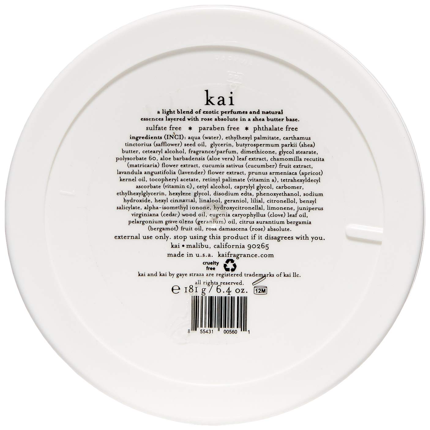 kai Body Butter Rose, 6.4 oz., shea butter, apricot oil, cucumber, scented with the delicously, fresh + clean signature fragrance, layered with rose absolute, vegan, cruelty free, made in the usa