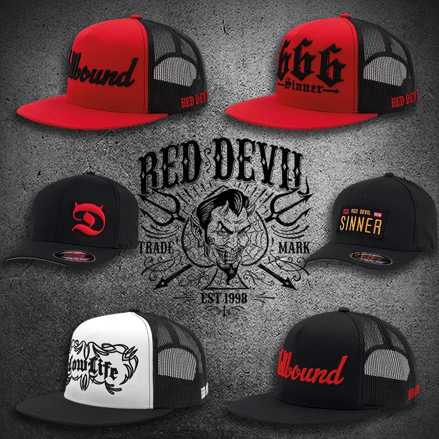 RED DEVIL CLOTHING Hellbound Mens Trucker Hats | Mesh Baseball Snapback Cap | Adjustable Mesh Back Cooling Cap