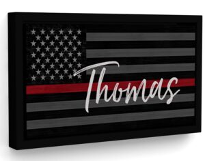 pretty perfect studio custom red line fireman name sign, personalized fire department for firefighter canvas wall art 10"x20"