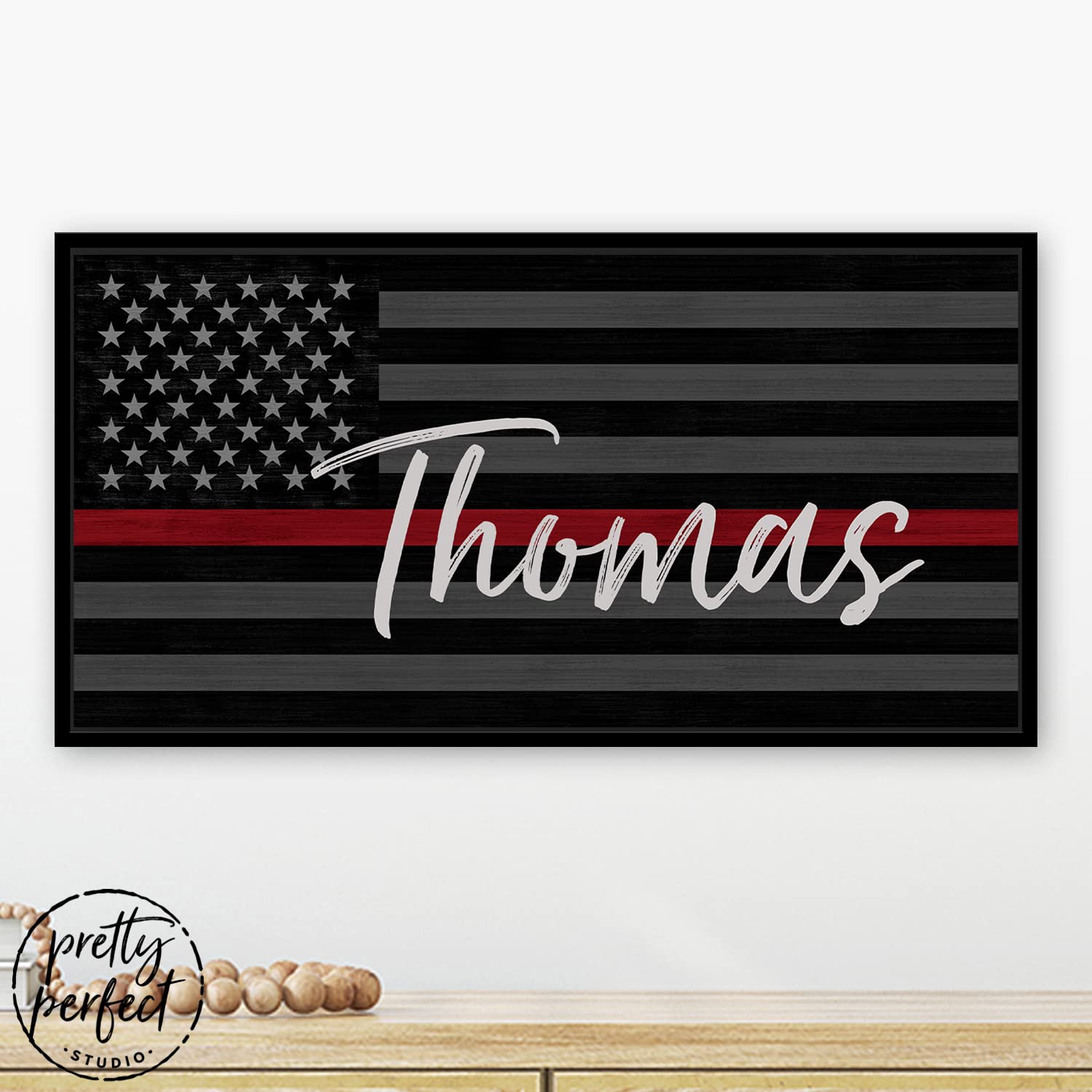 Pretty Perfect Studio Custom Red Line Fireman Name Sign, Personalized Fire Department For Firefighter Canvas Wall Art 10"x20"