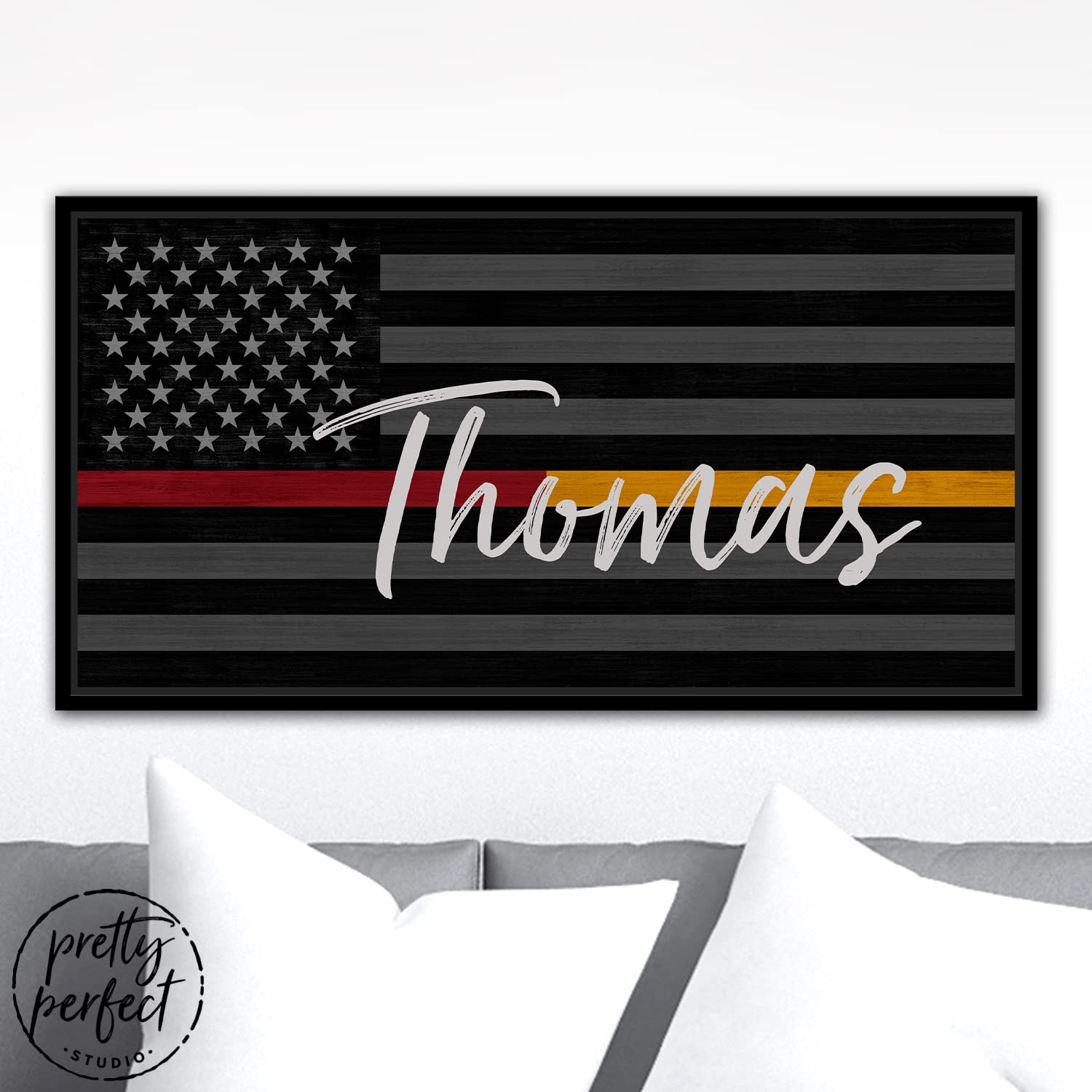 Pretty Perfect Studio Custom Red Line Fireman Name Sign, Personalized Fire Department For Firefighter Canvas Wall Art 10"x20"