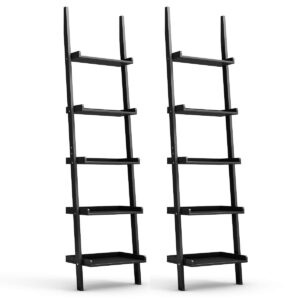 tangkula ladder shelf, 5-tier multifunctional modern wood plant flower book display shelf, home office storage rack leaning ladder wall shelf (black, 2)