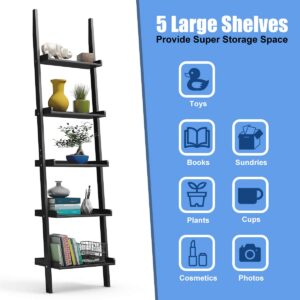 Tangkula Ladder Shelf, 5-Tier Multifunctional Modern Wood Plant Flower Book Display Shelf, Home Office Storage Rack Leaning Ladder Wall Shelf (Black, 2)