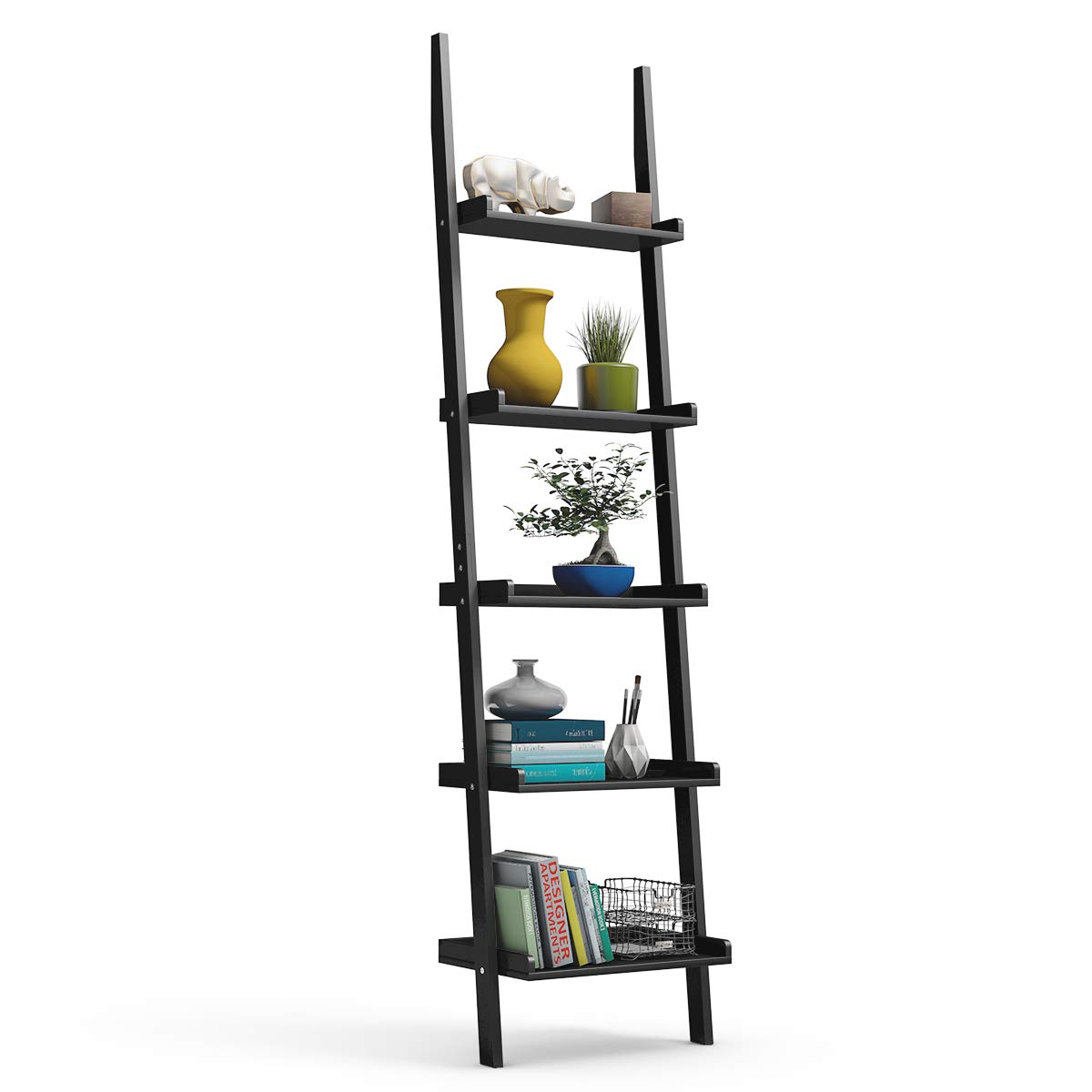 Tangkula Ladder Shelf, 5-Tier Multifunctional Modern Wood Plant Flower Book Display Shelf, Home Office Storage Rack Leaning Ladder Wall Shelf (Black, 2)