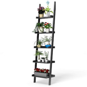 Tangkula Ladder Shelf, 5-Tier Multifunctional Modern Wood Plant Flower Book Display Shelf, Home Office Storage Rack Leaning Ladder Wall Shelf (Black, 2)