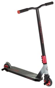 mongoose rise 100 pro freestyle stunt/trick scooter, lightweight alloy deck & heavy-duty frame up to 220 lbs., t-bar handlebar w/ bike-style grip, high impact 100mm wheels, black/red