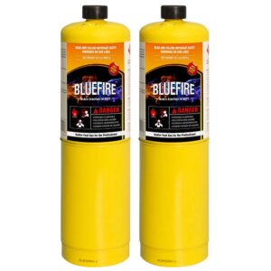 pack of 2, 14.1 oz bluefire modern mapp gas cylinder, 99.9% high purity propylene equal to map-pro, hotter than propane! variation of quantity bundles available (2)