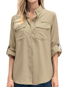 women's upf 50 long sleeve safari shirts,sun protection quick dry outdoor fishing hiking gardening shirt,f5026,khaki,l