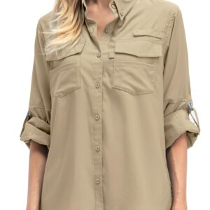 Women's UPF 50 Long Sleeve Safari Shirts,Sun Protection Quick Dry Outdoor Fishing Hiking Gardening Shirt,F5026,Khaki,L