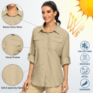 Women's UPF 50 Long Sleeve Safari Shirts,Sun Protection Quick Dry Outdoor Fishing Hiking Gardening Shirt,F5026,Khaki,L