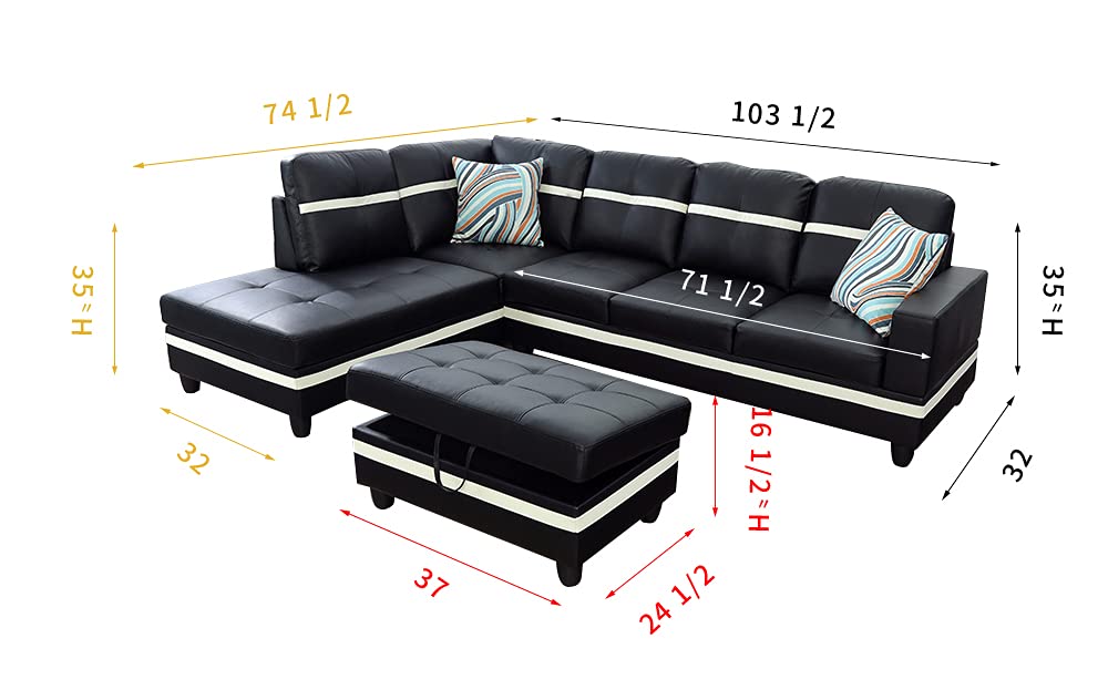 GEBADOL Lifestyle Furniture 3 Piece Sectional Sofa Couch Set, L-Shaped Modern Sofa with Chaise Storage Ottoman and Pillows, Faux Leather, Left Facing