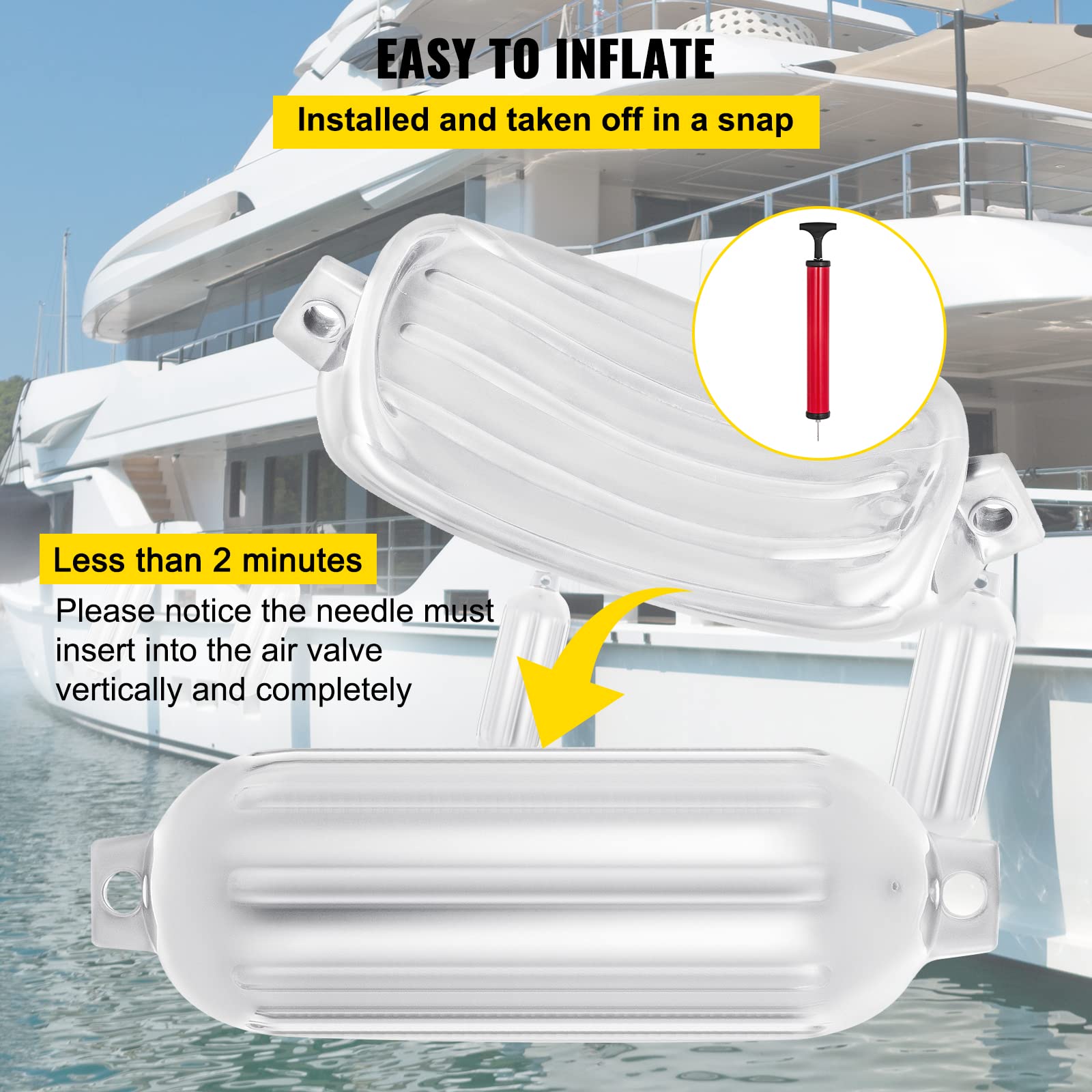 Vevor Boat Fender 8.5 x 27 Inches，Ribbed Twin Eyes Boat Fender Pack of 4 and Pump to Inflate (White, 8.5 x 27 inches) : Sports & Outdoors