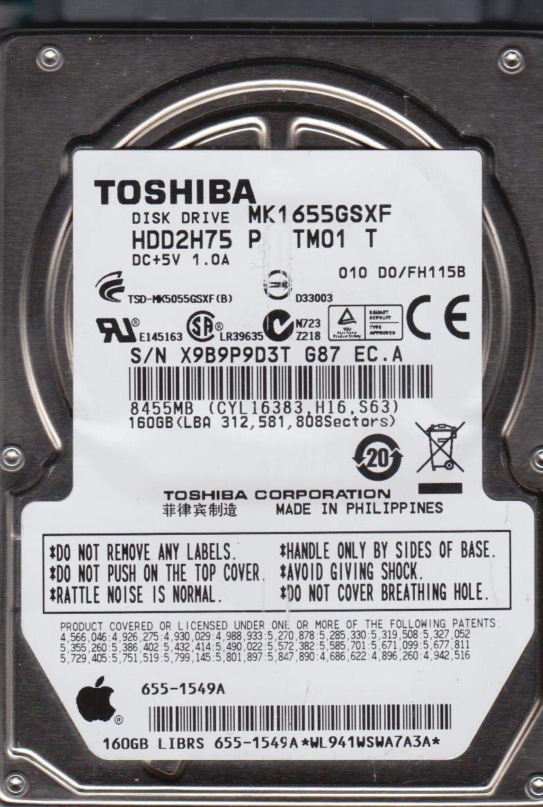 MK1655GSXF, HDD2H75 P TM01 T, Toshiba 160GB SATA 2.5 Hard Drive (Renewed)