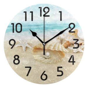 naanle 3d beautiful summer beach shell pearl starfish print round wall clock decorative, 9.5 inch battery operated quartz analog quiet desk clock for home,office,school