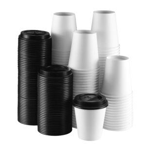 nyhi 10 oz. white paper disposable cups with black lids - hot/cold beverage drinking cup for water, juice, coffee or tea - ideal for water coolers, party, or coffee on the go