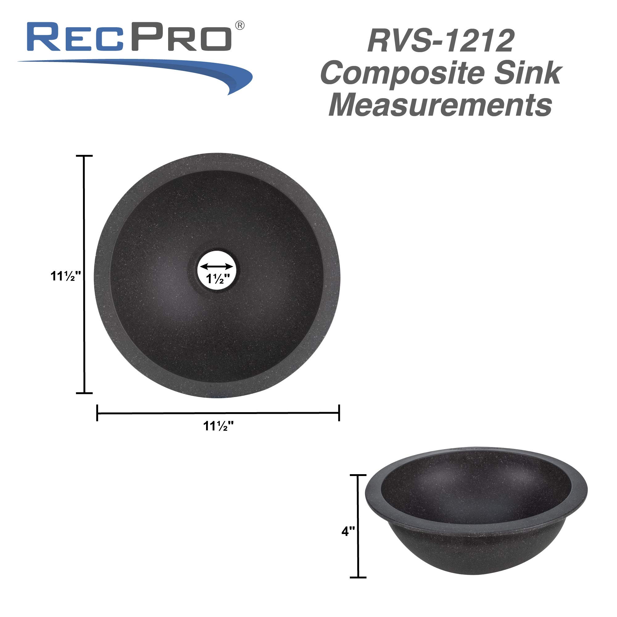 RecPro RV Sink | 12" Round Bathroom Sink | White, Bone, or Dark Gray Granite | Hydrophobic Coating (Dark Gray)