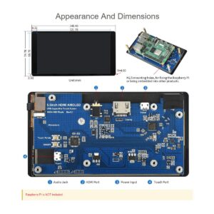 waveshare 5.5inch Capacitive Touch AMOLED Display Compatible with Raspberry Pi 4B/3B+/3A+/2B/B+/A+/Zero/Zero W/WH/Zero 2W CM3+/4 1080×1920 Resolution HDMI Supports Jetson Nano/Windows