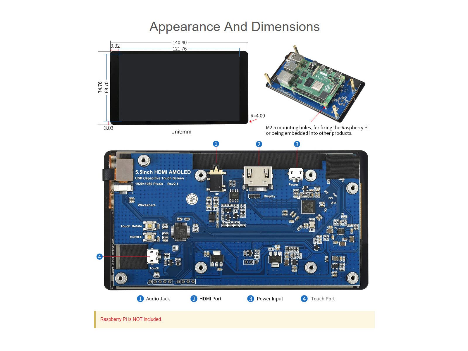 waveshare 5.5inch Capacitive Touch AMOLED Display Compatible with Raspberry Pi 4B/3B+/3A+/2B/B+/A+/Zero/Zero W/WH/Zero 2W CM3+/4 1080×1920 Resolution HDMI Supports Jetson Nano/Windows