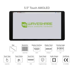 waveshare 5.5inch Capacitive Touch AMOLED Display Compatible with Raspberry Pi 4B/3B+/3A+/2B/B+/A+/Zero/Zero W/WH/Zero 2W CM3+/4 1080×1920 Resolution HDMI Supports Jetson Nano/Windows