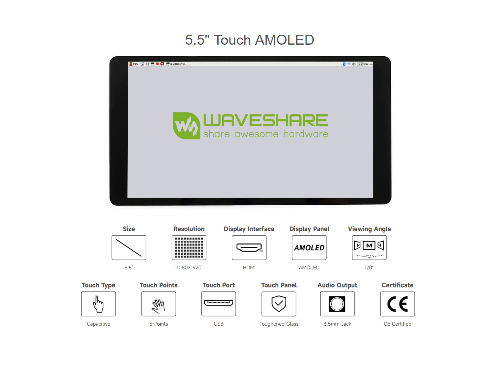 waveshare 5.5inch Capacitive Touch AMOLED Display Compatible with Raspberry Pi 4B/3B+/3A+/2B/B+/A+/Zero/Zero W/WH/Zero 2W CM3+/4 1080×1920 Resolution HDMI Supports Jetson Nano/Windows