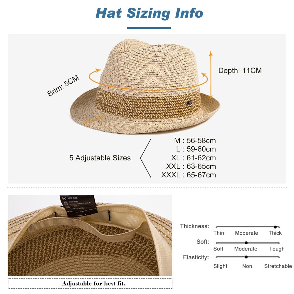 Fancet Extra Large XL Packable Straw Fedora Panama Sun Summer Beach Derby Hat Cuban Trilby Men Women Nature Beige