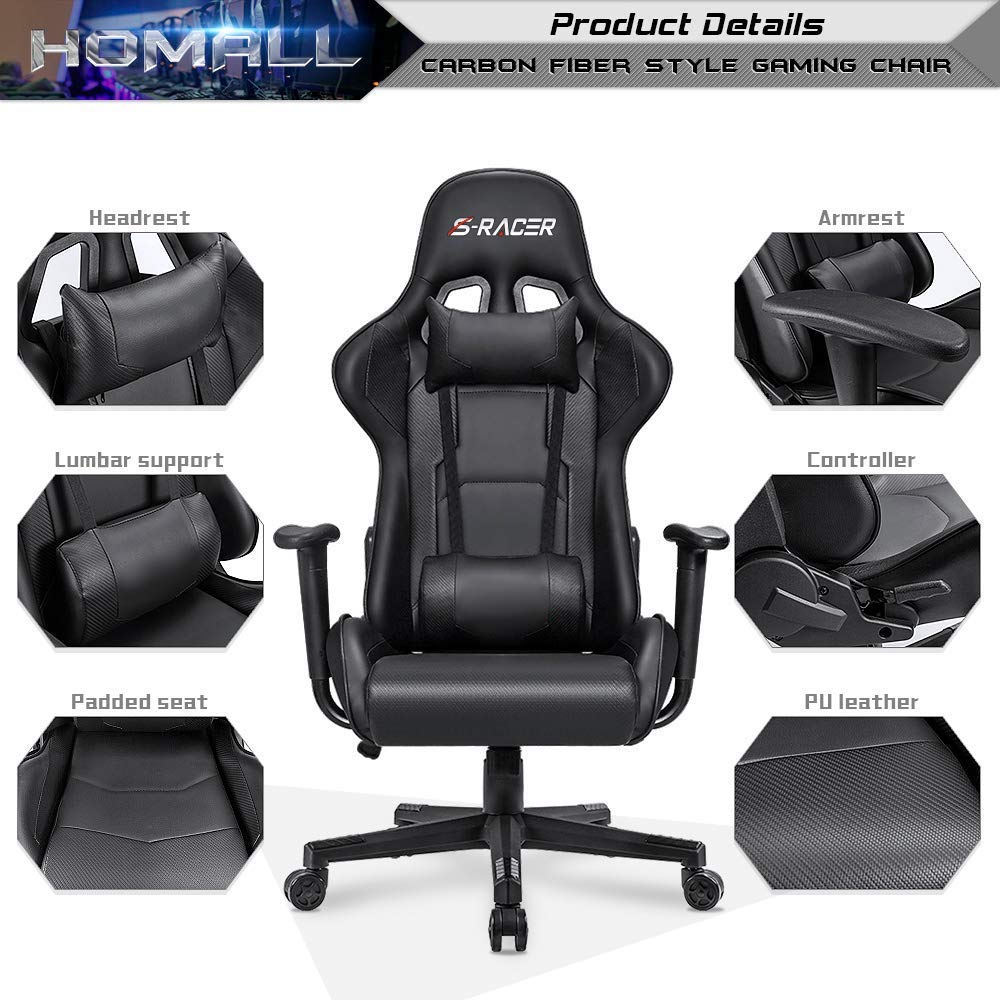 Homall Gaming Chair, Office Chair High Back Computer Chair Leather Desk Chair Racing Executive Ergonomic Adjustable Swivel Task Chair with Headrest and Lumbar Support (Dark Black)