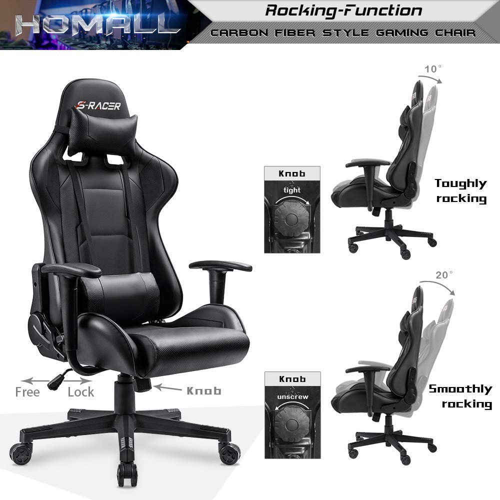 Homall Gaming Chair, Office Chair High Back Computer Chair Leather Desk Chair Racing Executive Ergonomic Adjustable Swivel Task Chair with Headrest and Lumbar Support (Dark Black)