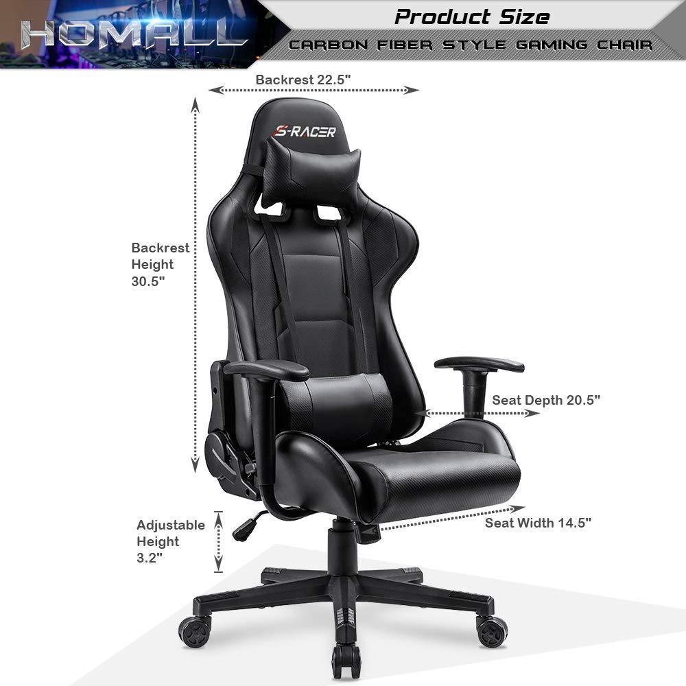 Homall Gaming Chair, Office Chair High Back Computer Chair Leather Desk Chair Racing Executive Ergonomic Adjustable Swivel Task Chair with Headrest and Lumbar Support (Dark Black)