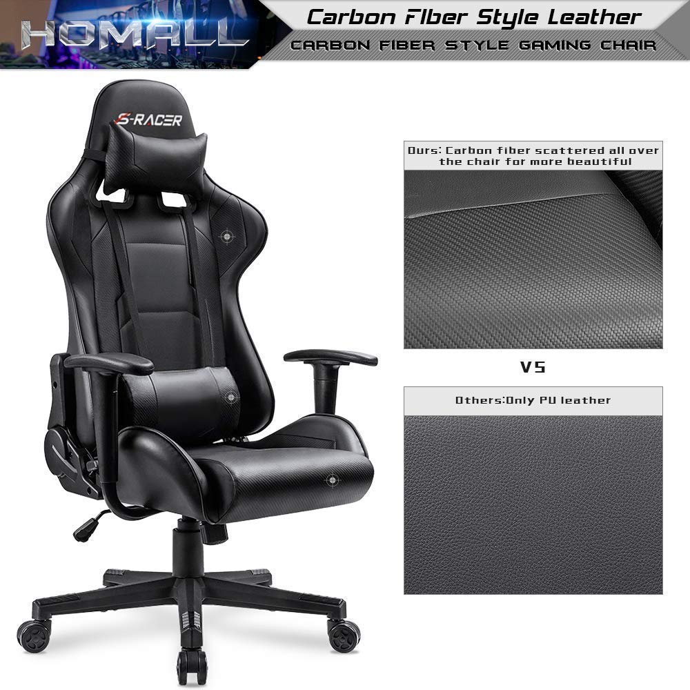 Homall Gaming Chair, Office Chair High Back Computer Chair Leather Desk Chair Racing Executive Ergonomic Adjustable Swivel Task Chair with Headrest and Lumbar Support (Dark Black)