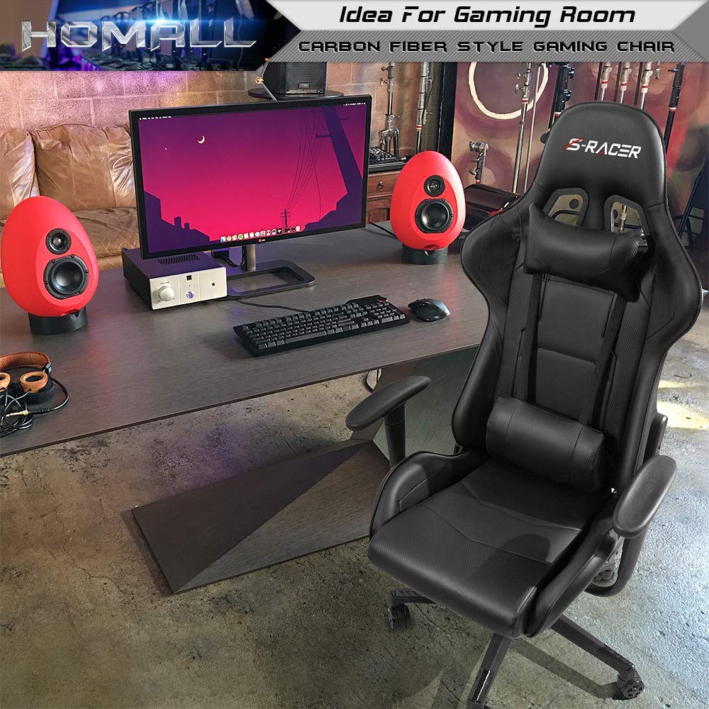 Homall Gaming Chair, Office Chair High Back Computer Chair Leather Desk Chair Racing Executive Ergonomic Adjustable Swivel Task Chair with Headrest and Lumbar Support (Dark Black)