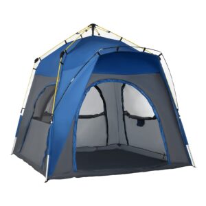 outsunny camping tents 4 person pop up tent quick setup automatic hydraulic family travel tent w/windows, doors carry bag included, blue