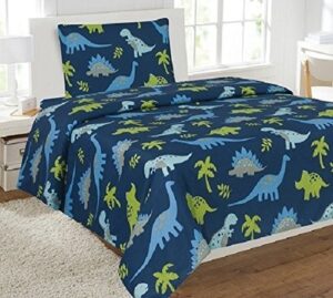 linen plus sheet set for boys/teens dinosaur jurassic dark blue green grey light blue flat sheet fitted sheet and pillow case twin size new