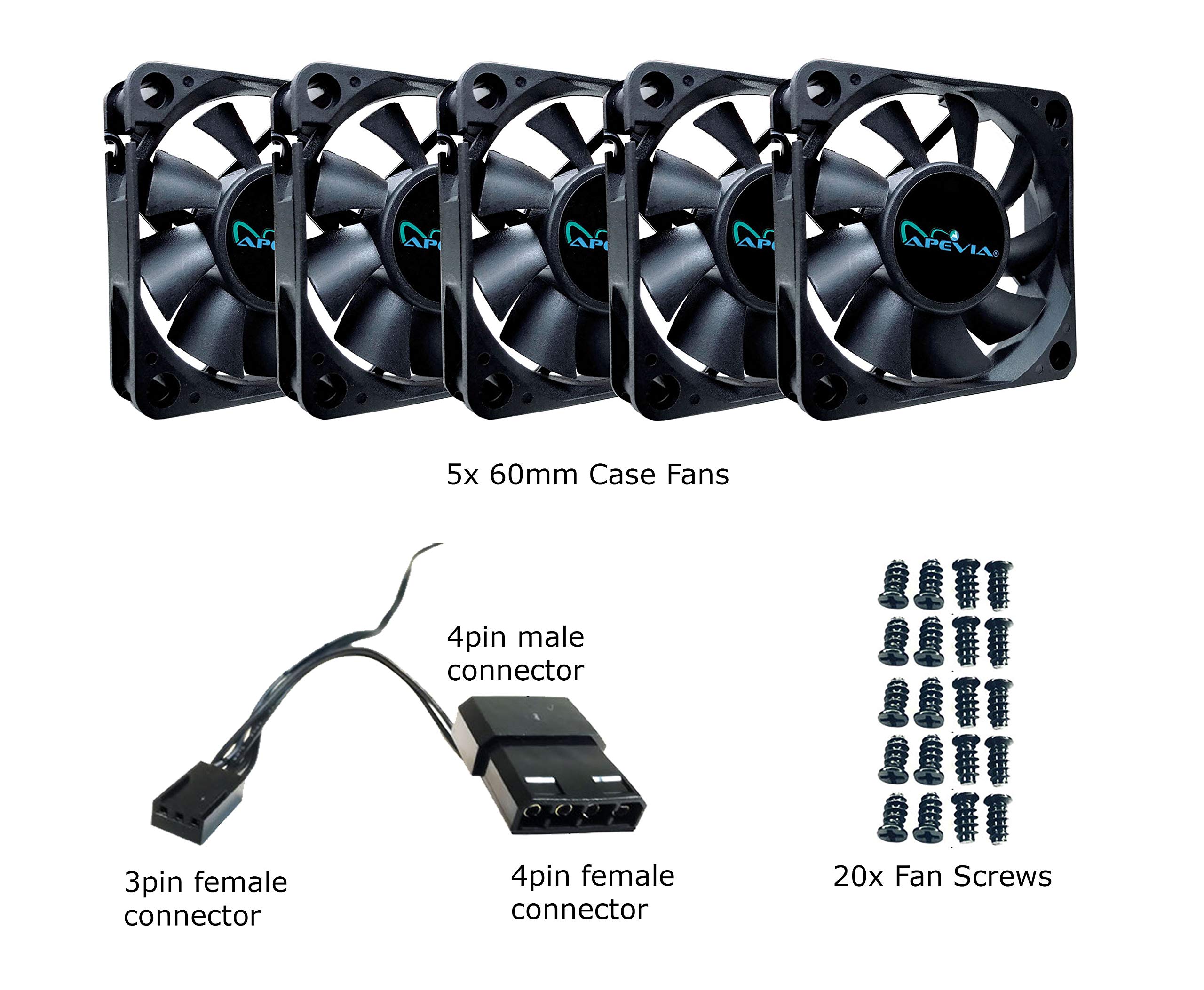 Apevia CF6015S-5 (5 Pk) 60mm x 60mm x 15mm Black Case Fan W/4PIN Molex + 3PIN Motherboard Adapter