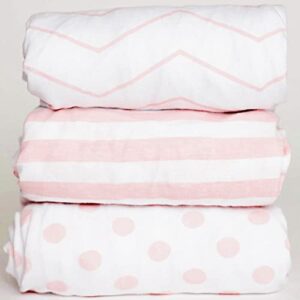 nodnal co. 3 fitted bassinet sheets pink set for baby girl - 100% oeko-tex cotton - chevron, polka dot and stripe - for cradle/moses basket hourglass, oval & rectangle mattress sheet