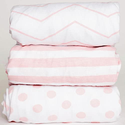 NODNAL CO. 3 Fitted Bassinet Sheets Pink Set for Baby Girl - 100% OEKO-TEX Cotton - Chevron, Polka Dot and Stripe - for Cradle/Moses Basket Hourglass, Oval & Rectangle Mattress Sheet