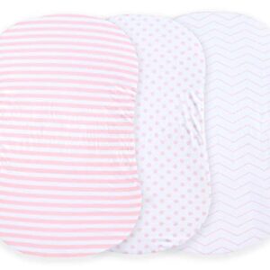 NODNAL CO. 3 Fitted Bassinet Sheets Pink Set for Baby Girl - 100% OEKO-TEX Cotton - Chevron, Polka Dot and Stripe - for Cradle/Moses Basket Hourglass, Oval & Rectangle Mattress Sheet