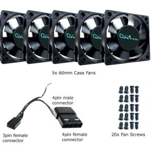 Apevia CF6025S-5 (5 Pk) 60mm x 60mm x 25mm Black Case Fan W/4PIN Molex + 3PIN Motherboard Adapter