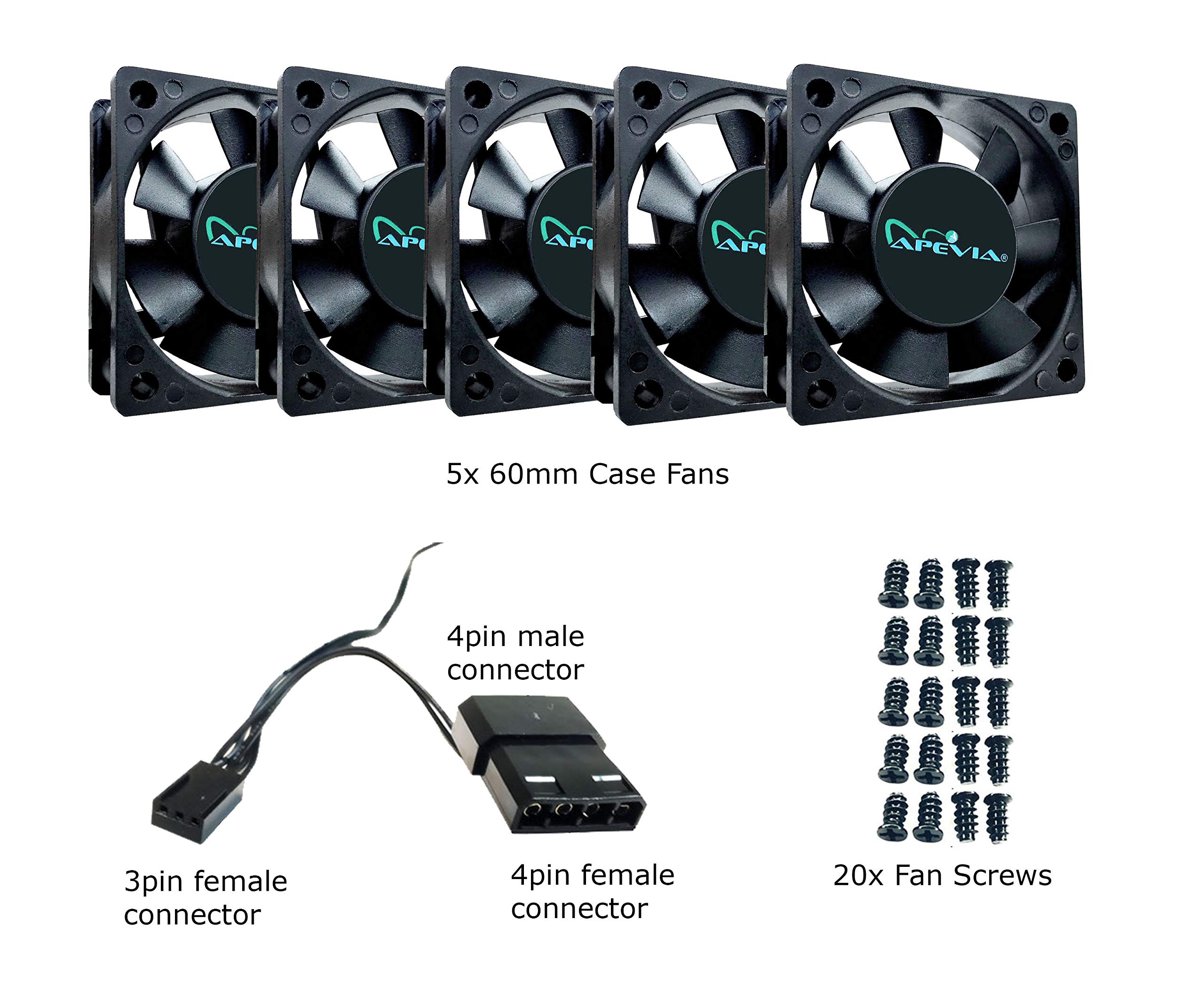 Apevia CF6025S-5 (5 Pk) 60mm x 60mm x 25mm Black Case Fan W/4PIN Molex + 3PIN Motherboard Adapter