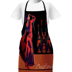 Ambesonne Spanish Apron, Traditional Dancer Woman in Barcelona City with Historical Architecture Vibrant, Unisex Kitchen Bib with Adjustable Neck for Cooking Gardening, Adult Size, Black Red