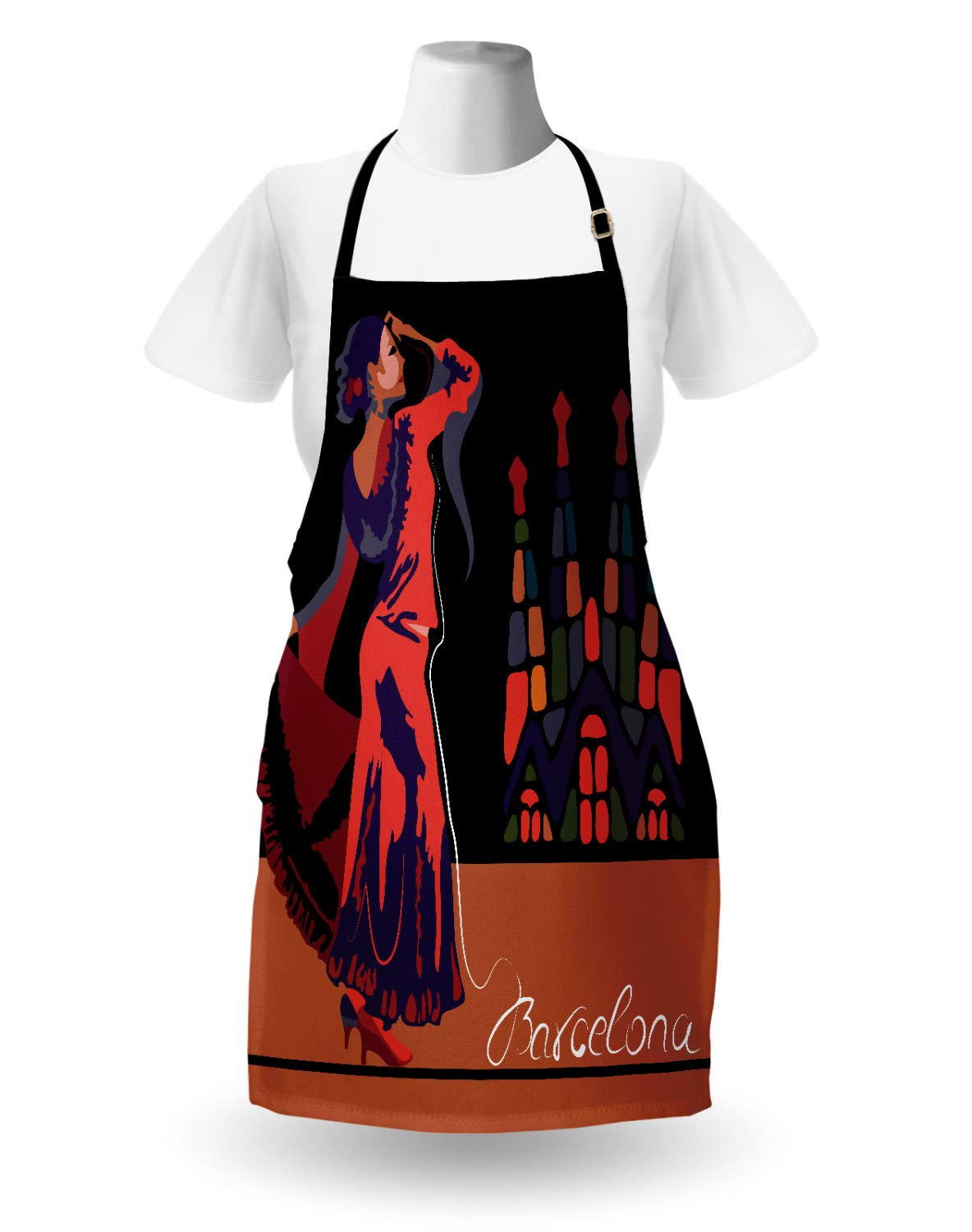 Ambesonne Spanish Apron, Traditional Dancer Woman in Barcelona City with Historical Architecture Vibrant, Unisex Kitchen Bib with Adjustable Neck for Cooking Gardening, Adult Size, Black Red