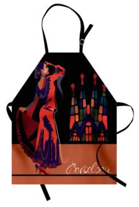 ambesonne spanish apron, traditional dancer woman in barcelona city with historical architecture vibrant, unisex kitchen bib with adjustable neck for cooking gardening, adult size, black red