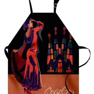 Ambesonne Spanish Apron, Traditional Dancer Woman in Barcelona City with Historical Architecture Vibrant, Unisex Kitchen Bib with Adjustable Neck for Cooking Gardening, Adult Size, Black Red