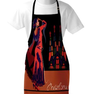 Ambesonne Spanish Apron, Traditional Dancer Woman in Barcelona City with Historical Architecture Vibrant, Unisex Kitchen Bib with Adjustable Neck for Cooking Gardening, Adult Size, Black Red