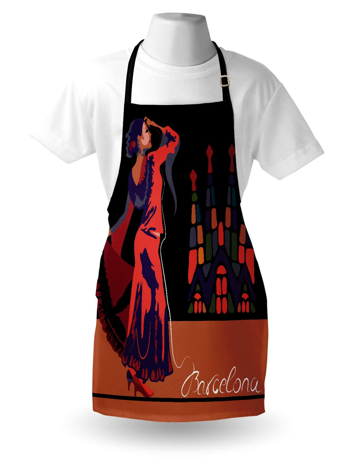 Ambesonne Spanish Apron, Traditional Dancer Woman in Barcelona City with Historical Architecture Vibrant, Unisex Kitchen Bib with Adjustable Neck for Cooking Gardening, Adult Size, Black Red